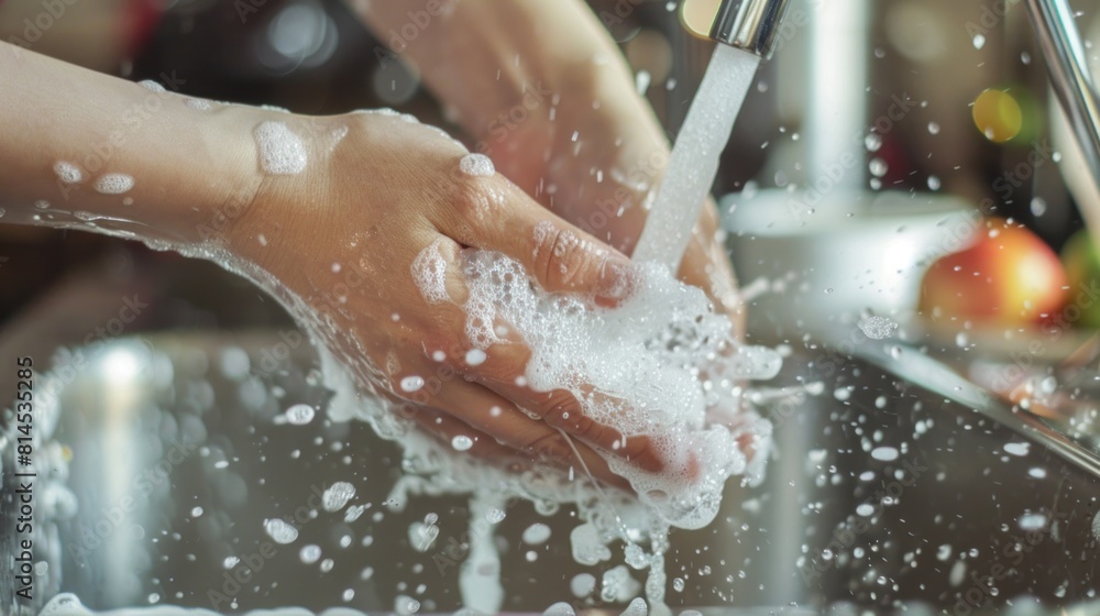 someone's hands being washed with soap and running water. The soap scum ...