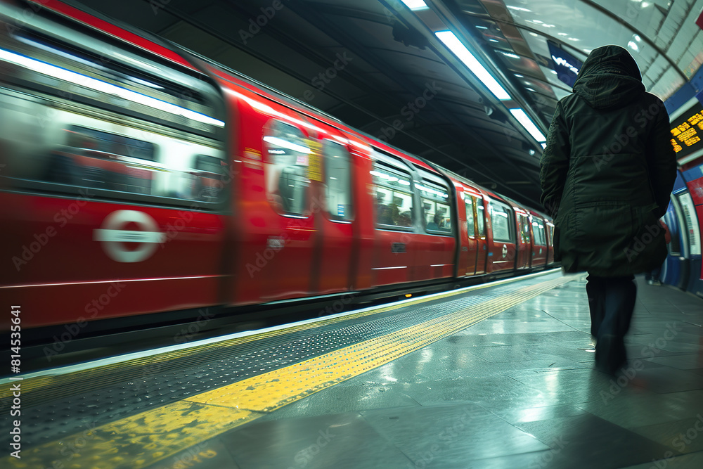 Red tube train in slow motion, captured perspective of someone standing ...