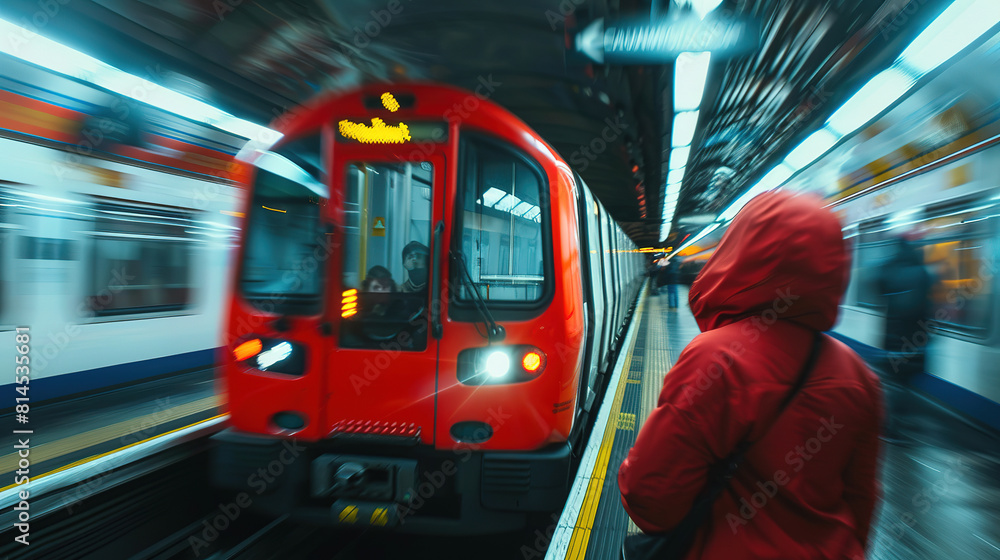 Red tube train in slow motion, captured perspective of someone standing ...
