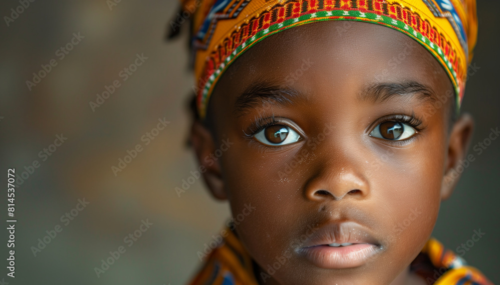 Closeup portrait of an african child with expressive eyes wearing a ...