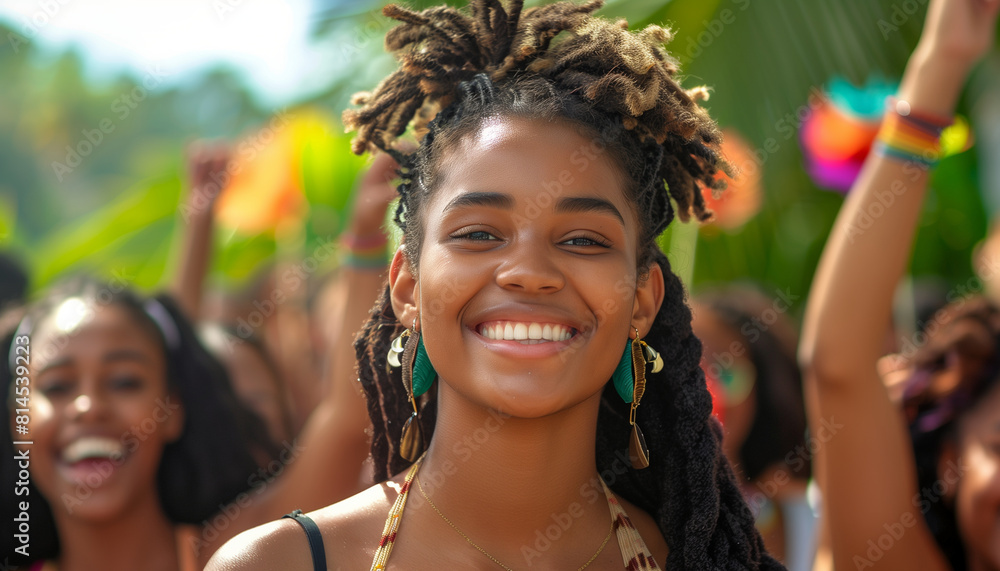 Vibrant young woman with dynamic dreadlocks beams joyfully, taking part ...