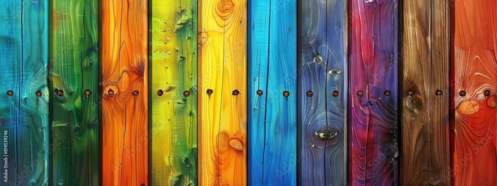 Colorful wooden planks background in the style of a rainbow color for ...
