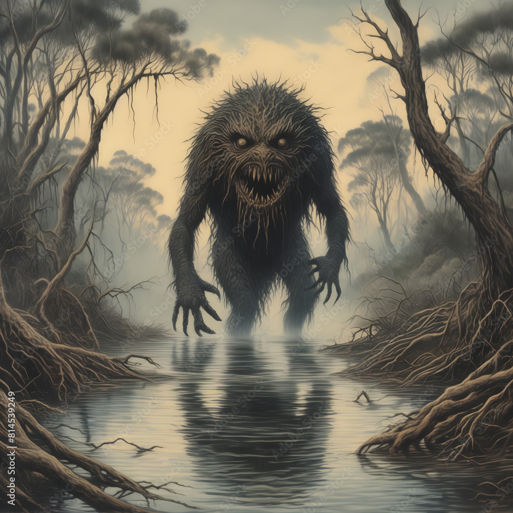 historic depiction of a bunyip, a mythical creature from Australian ...