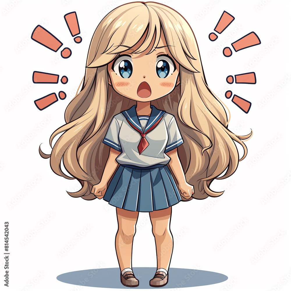 anime kawaii style girl in a school uniform, exclamation marks around ...