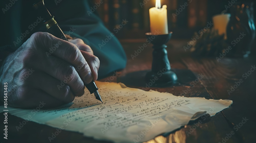 Vintage scene of hand writing a letter by candlelight, nostalgic and ...