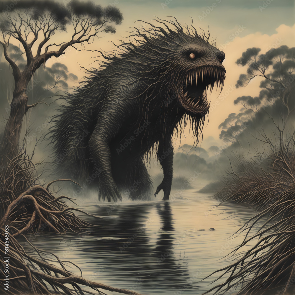 historic depiction of a bunyip, a mythical creature from Australian Aboriginal mythology, said ...
