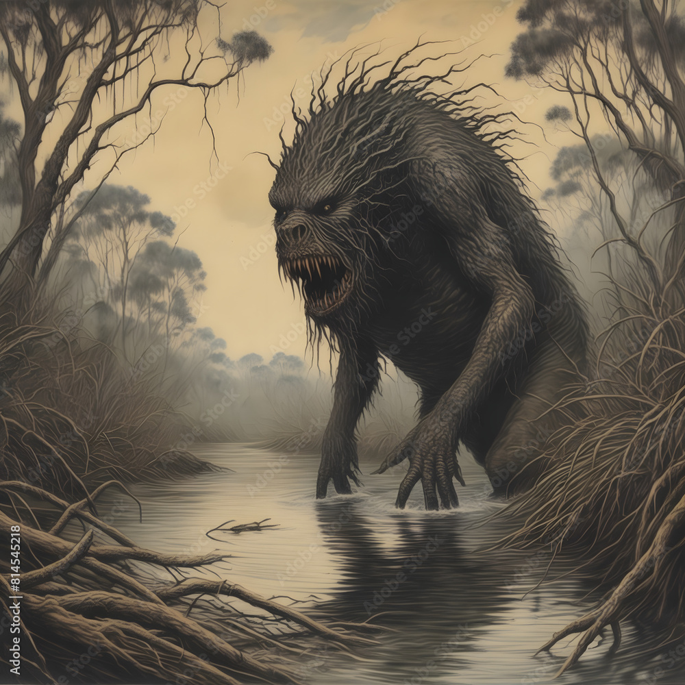 historic depiction of a bunyip, a mythical creature from Australian Aboriginal mythology, said ...