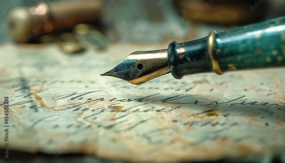 Vintage fountain pen nib on an old handwritten letter, celebrating the ...