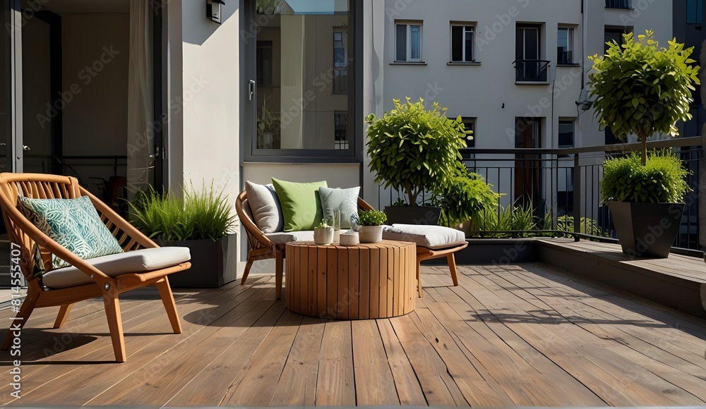 sunny tesunny terrace with wood teck flooring and plantsrrace with wood ...