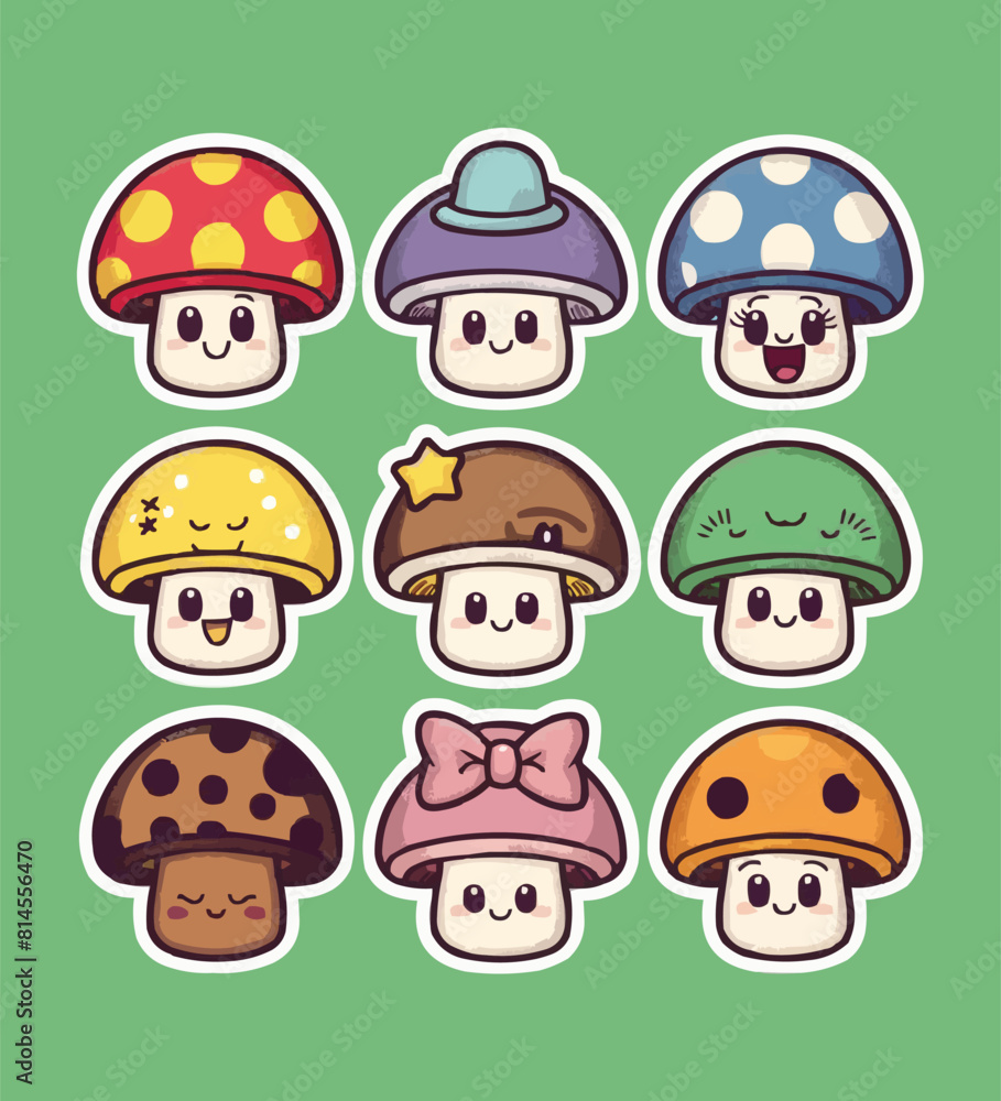 Delightful Kawaii Mushroom Printable Stickers Vector illustration set Stock Vector | Adobe Stock