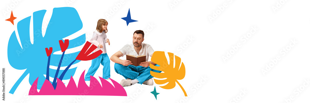 Banner. Contemporary art collage. Father reads to his daughter in ...