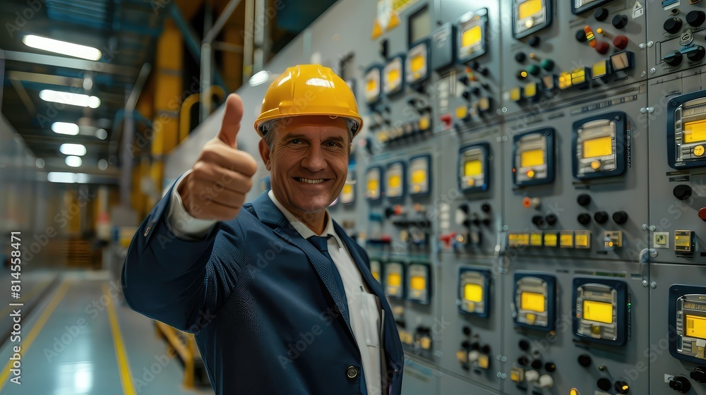 Portrait of a professional supervisor in a suit and helmet, signaling ...