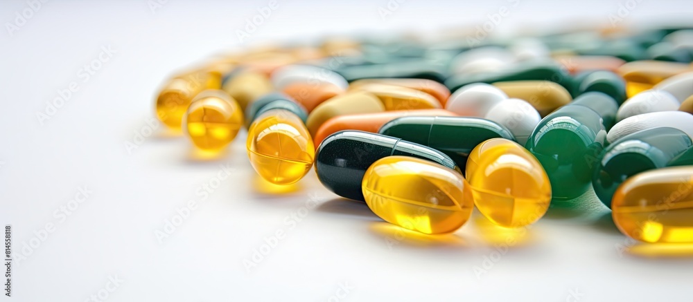 Close up image of green and yellow medication pills or capsules ...
