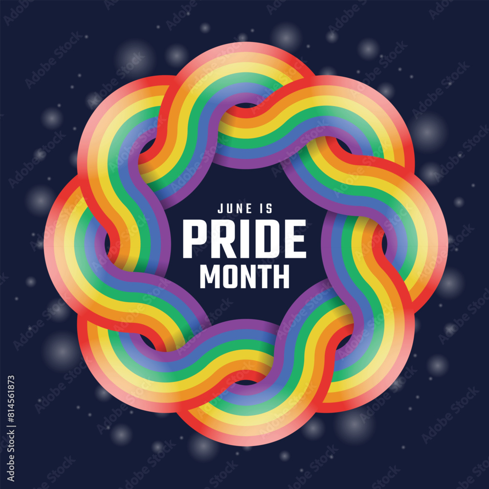 June is pride month - Text in Two long Rainbow pride flag with waving ...