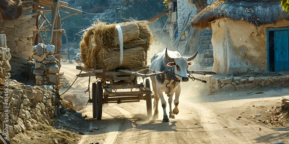 Myanmar Burma Street in authentic old village bullock cart running on ...