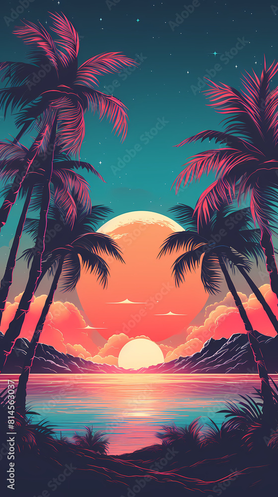 Tropical beach with palm trees at sunset background. Vivid retrowave ...