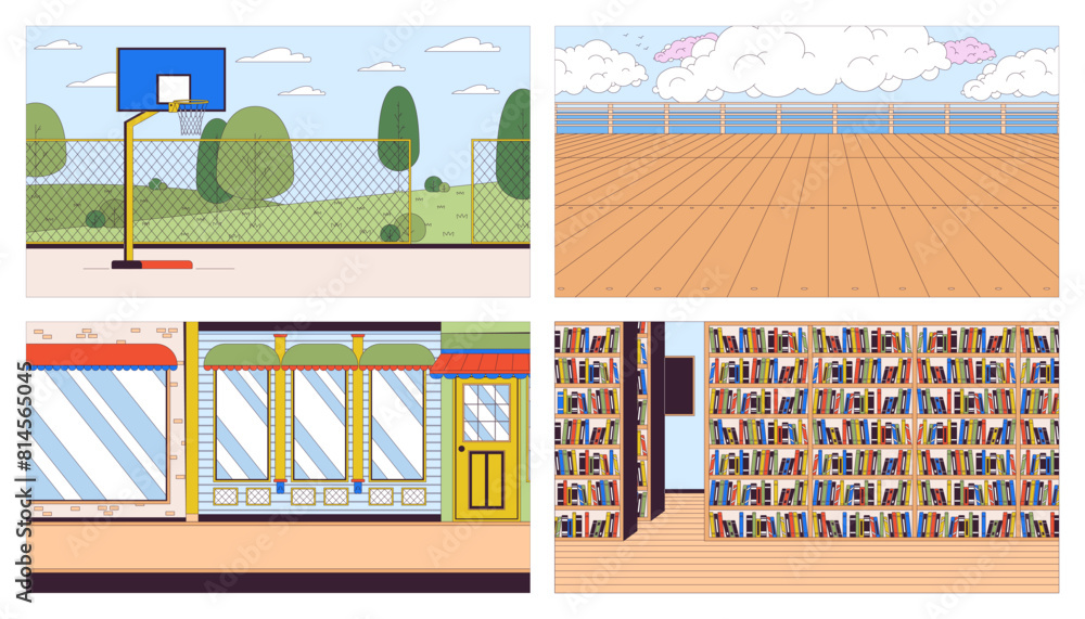 Empty public places cartoon flat illustration set. No people spaces 2D ...