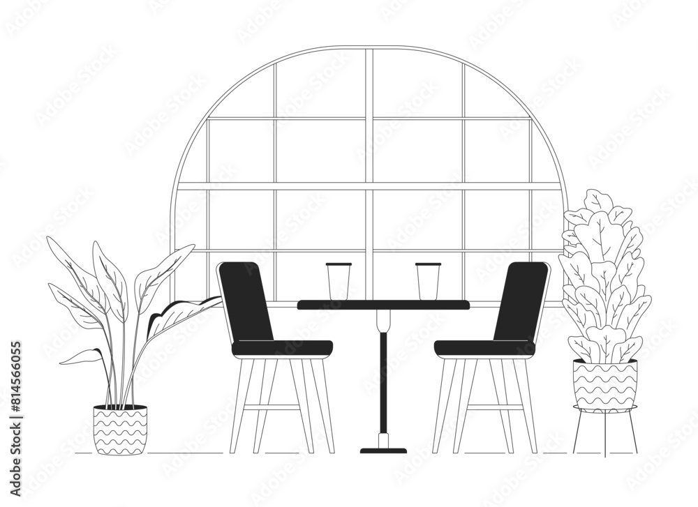 Cozy restaurant interior line black and white line illustration. Table ...