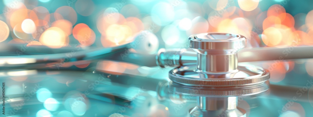 Stethoscope on a reflective surface with a blurred background. Medical ...