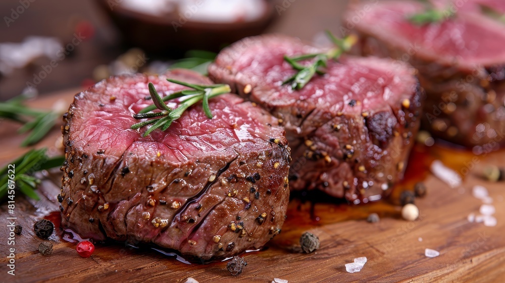 Mouth-watering medium-rare tenderloin beef close-up, showcasing the ...