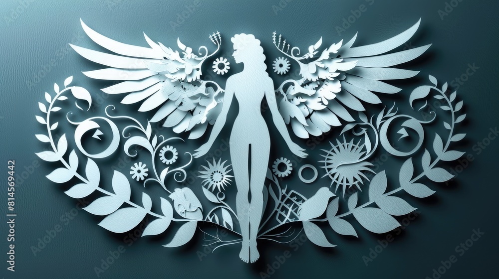 Papercut art A woman is depicted in a winged design. The wings are made ...