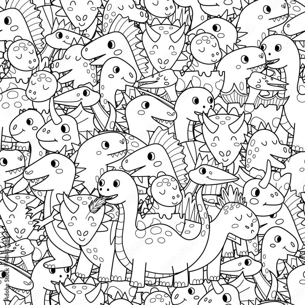 Doodle dinosaurs black and white seamless pattern for kids. Cute dino ...