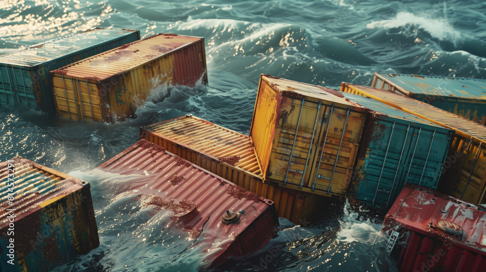 Containers with various contents are sinking into the sea. There is a ...