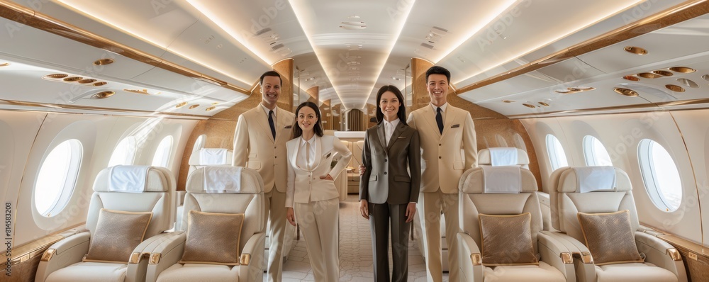 Flight crew with attendants wearing matching uniform in the first class ...