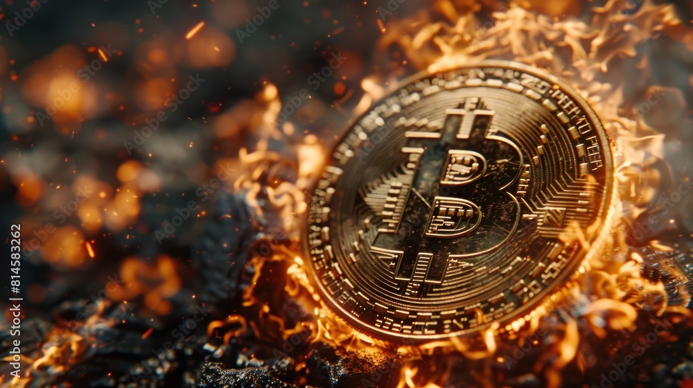 Bitcoin with a burning flame Golden Bitcoin cryptocurrency with fiery ...