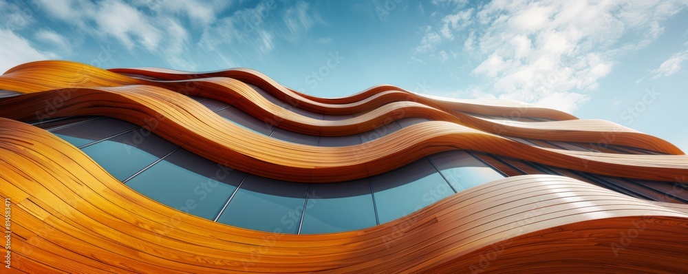abstract building with wooden facade pattern on a blue sky background ...