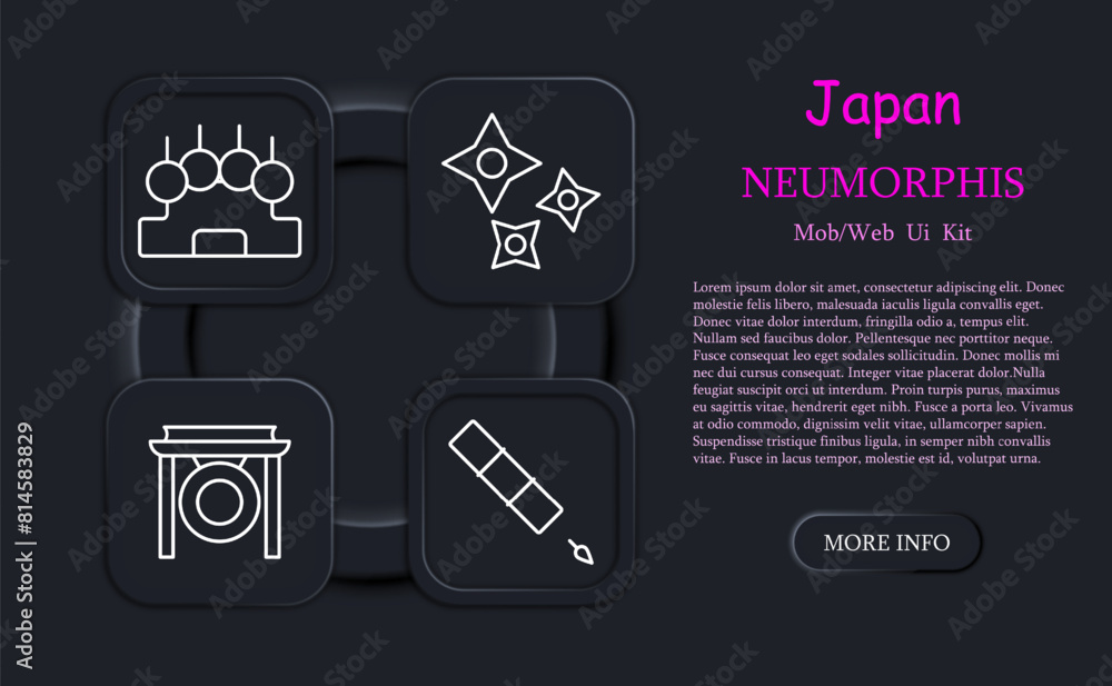 Japan set icon. Bow, temple, Japanese architecture, blowpipe, kunai ...