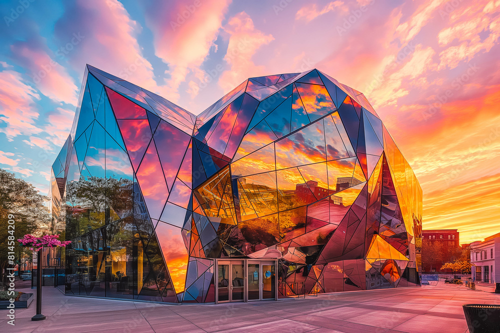A modern art museum with a unique geometric design and a glass facade ...