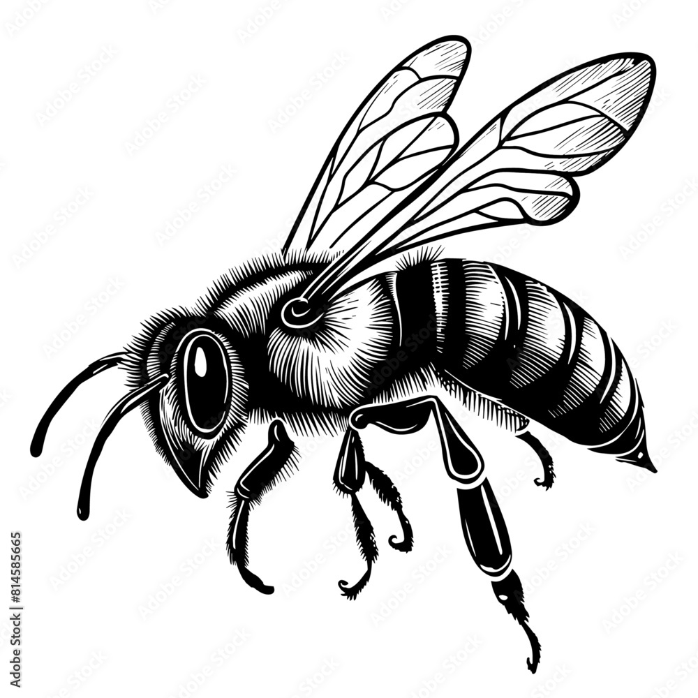 Abeille en vol, profil, icone, dessin vectoriel, noir et blanc, gravure ...