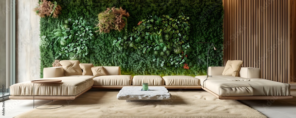A contemporary living room with a biophilic design, including a living ...
