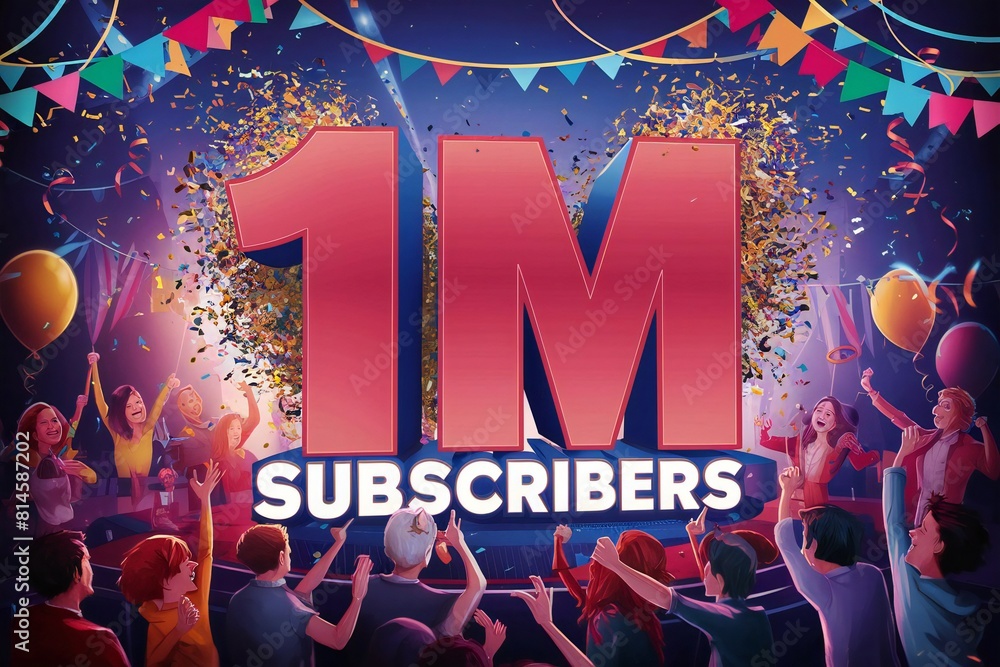 1 Million Subscribers text surrounded by confetti, balloons, and ...