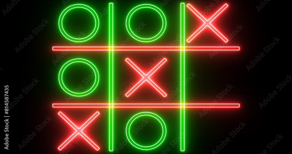 Colorful Tic Tac Toe game icon on a black background. Glowing neon line ...