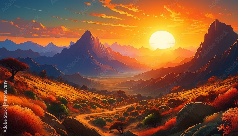 photorealistic, detailed, colorful, high-contrast, sun montagne, ciel ...