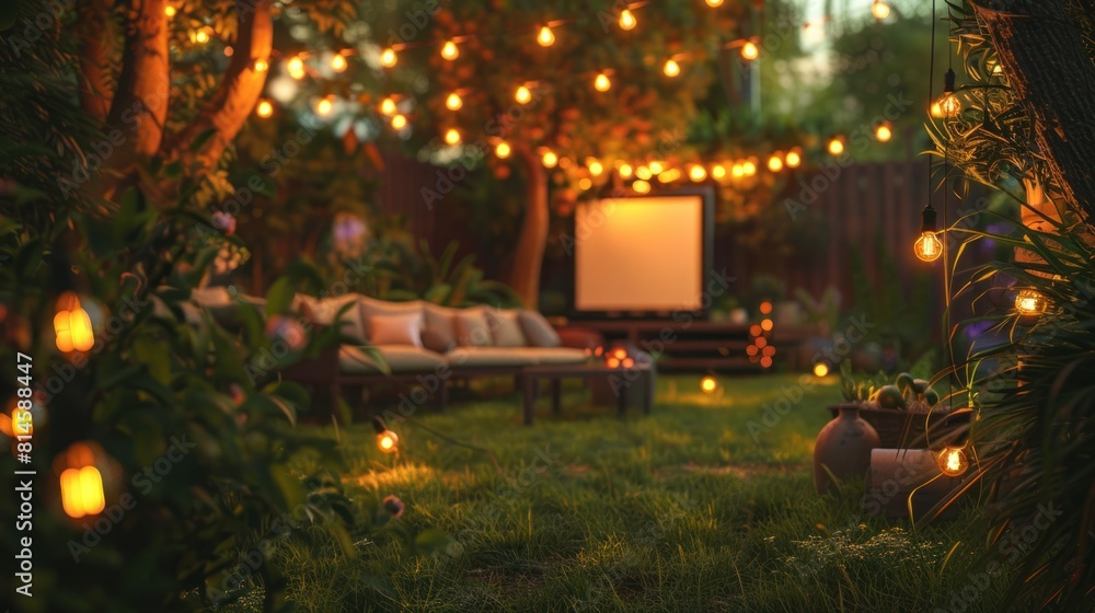 Summer movie theater with outdoor projector screen and seating for ...