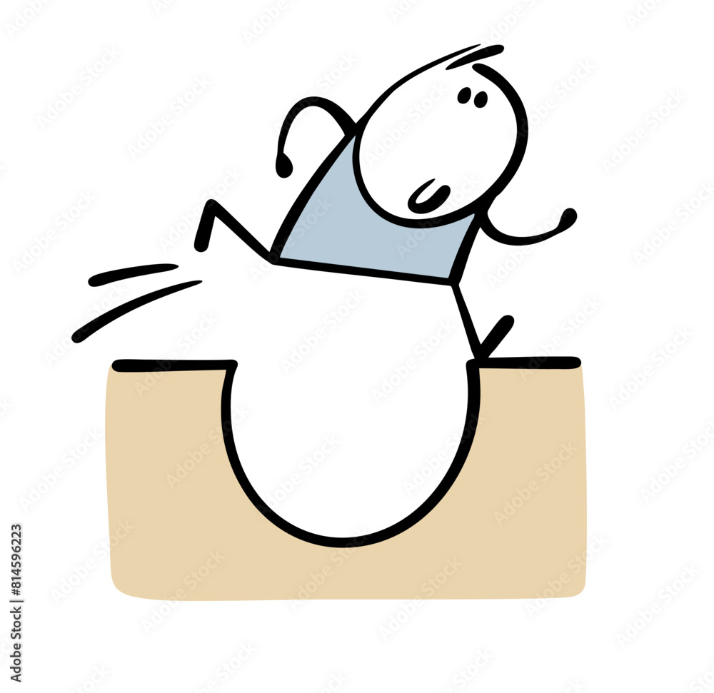 Funny carefree, cheerful stickman easily jumps over a pit on the road ...