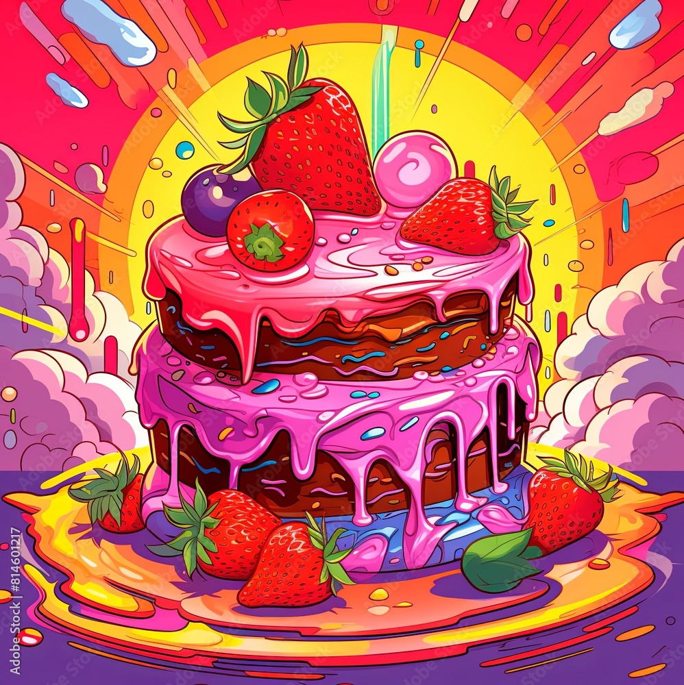 Juicy bright comic detailed graffiti cake with berries, clouds and sun ...