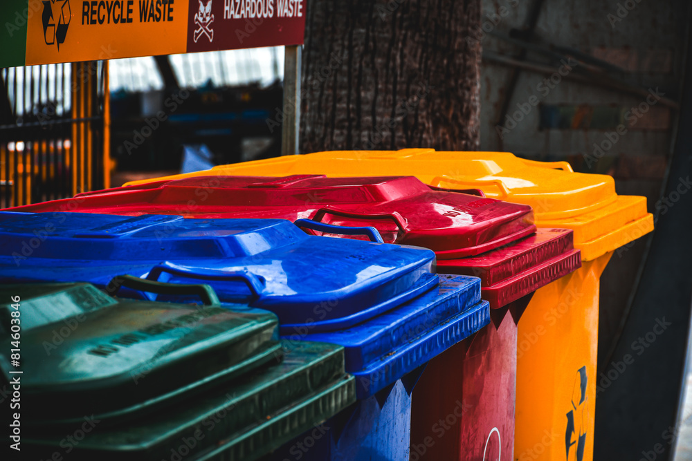 Trash cans of various colors are public garbage dumps at beachside area ...