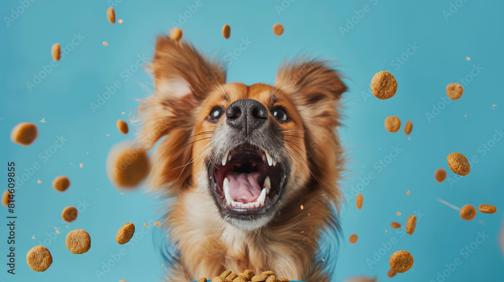 Happy purebred dog eating dry food from a bowl, on a pastel blue ...