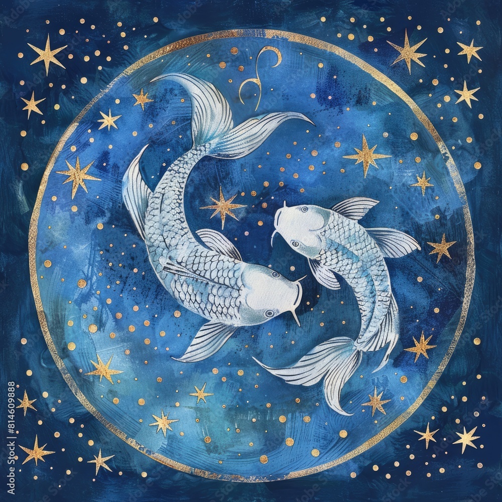 zodiac sign Pisces on an abstract blue background, personification of ...