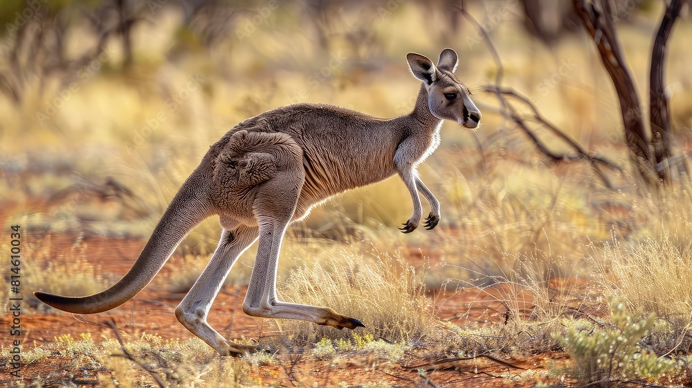Dynamic composition of a Western Grey Kangaroo bounding across the ...