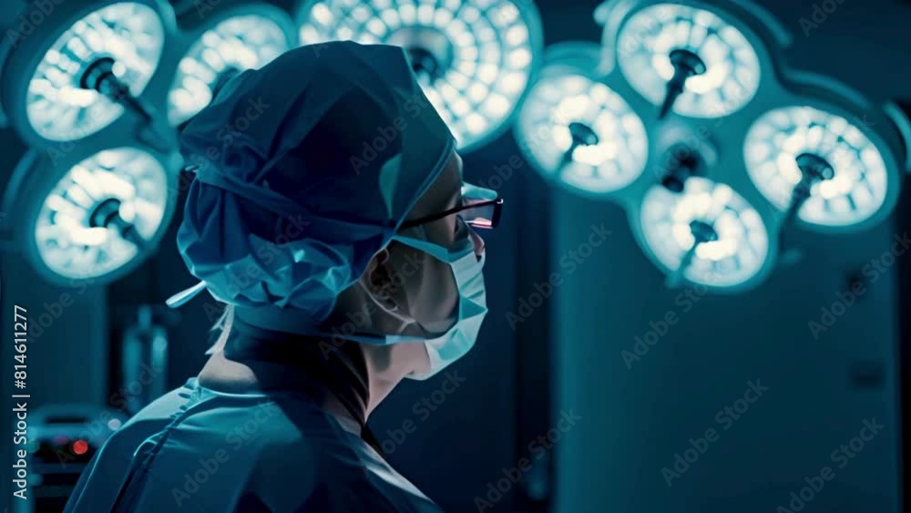 the head of a surgeon is illuminated by focused lighting in the ...