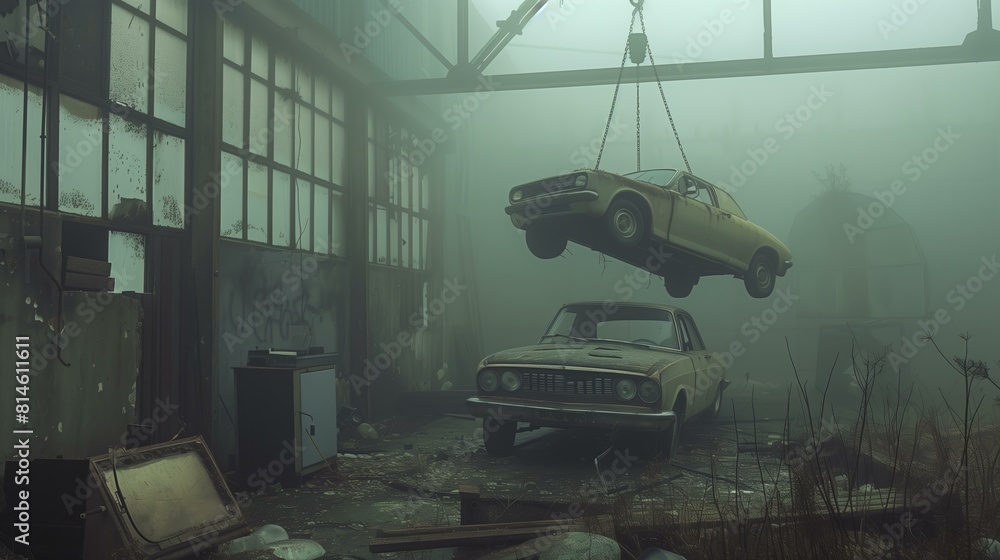 abandoned mechanical car repair company, old scary place, background ...