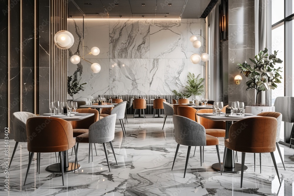 Restaurant interior that is cozy and comfy, with grey marble on the ...
