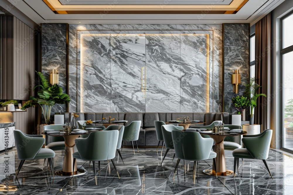 Restaurant interior that is cozy and comfy, with grey marble on the ...