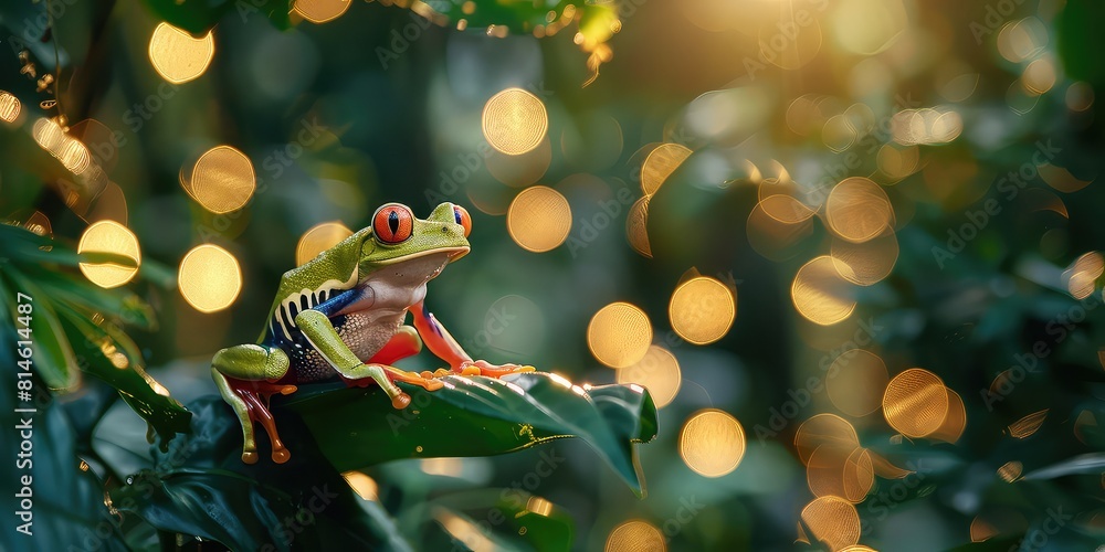 Dynamic composition of a red-eyed frog on a leaf, with sparkling bokeh ...
