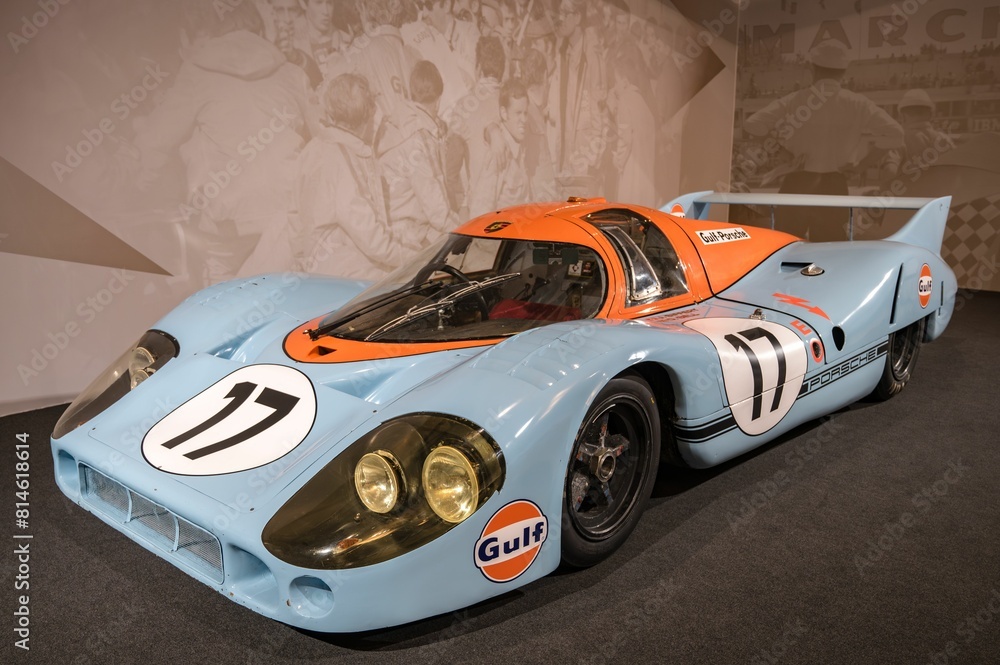 Historic Gulf Porsche 917 LH Le Mans prototype car in a museum Stock ...